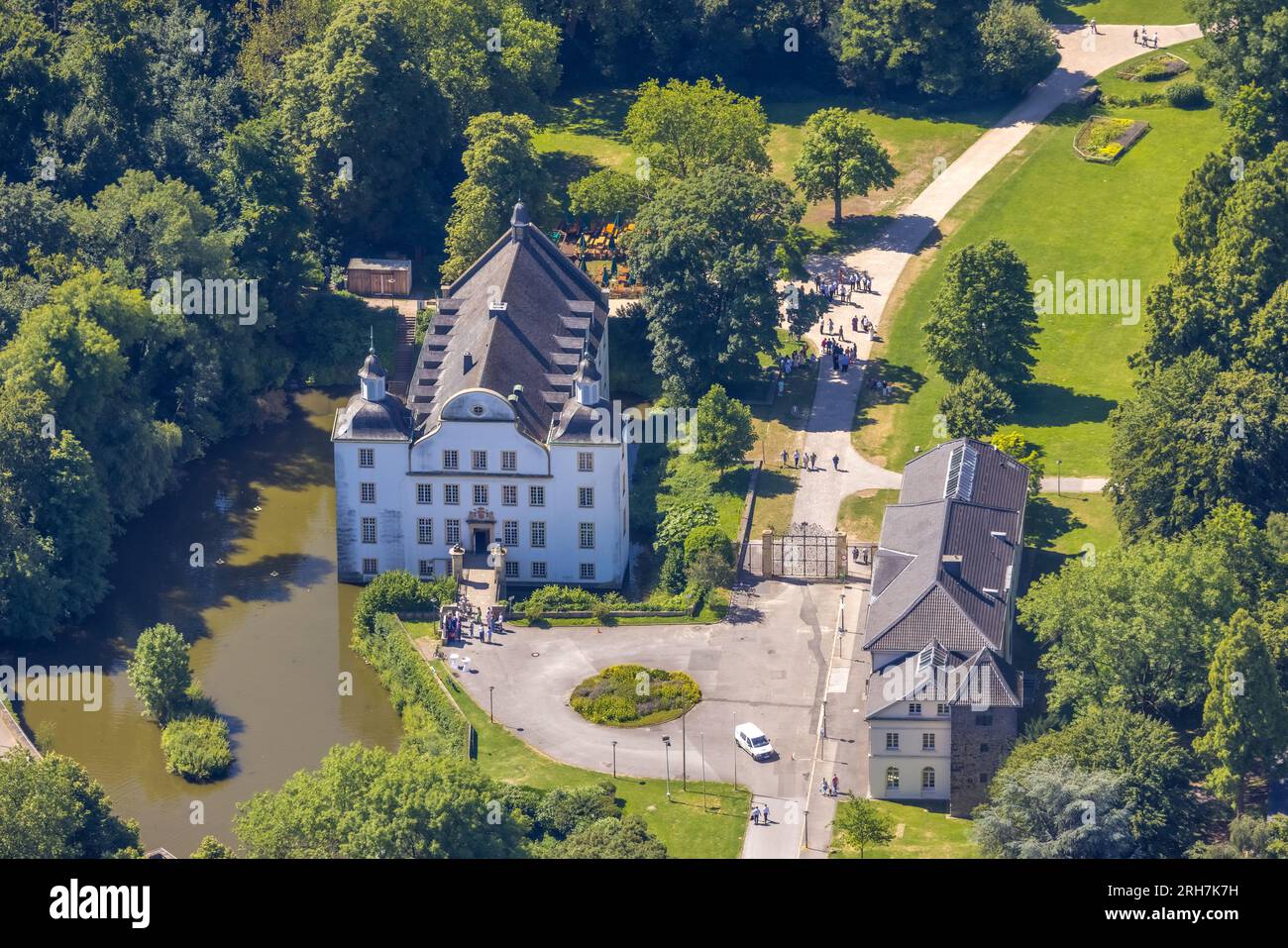 Aerial view, Borbeck moated castle, Borbeck center, Essen, Ruhr area ...