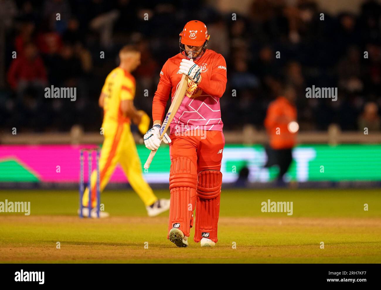 Welsh Fire's Glenn Phillips walks off the pitch after losing his wicket ...
