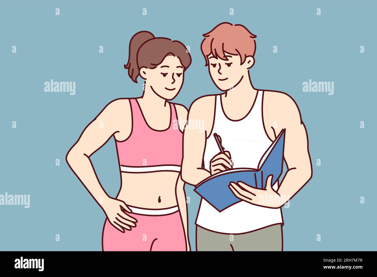 Man fitness trainer advises girl, drawing up training plan to achieve ...