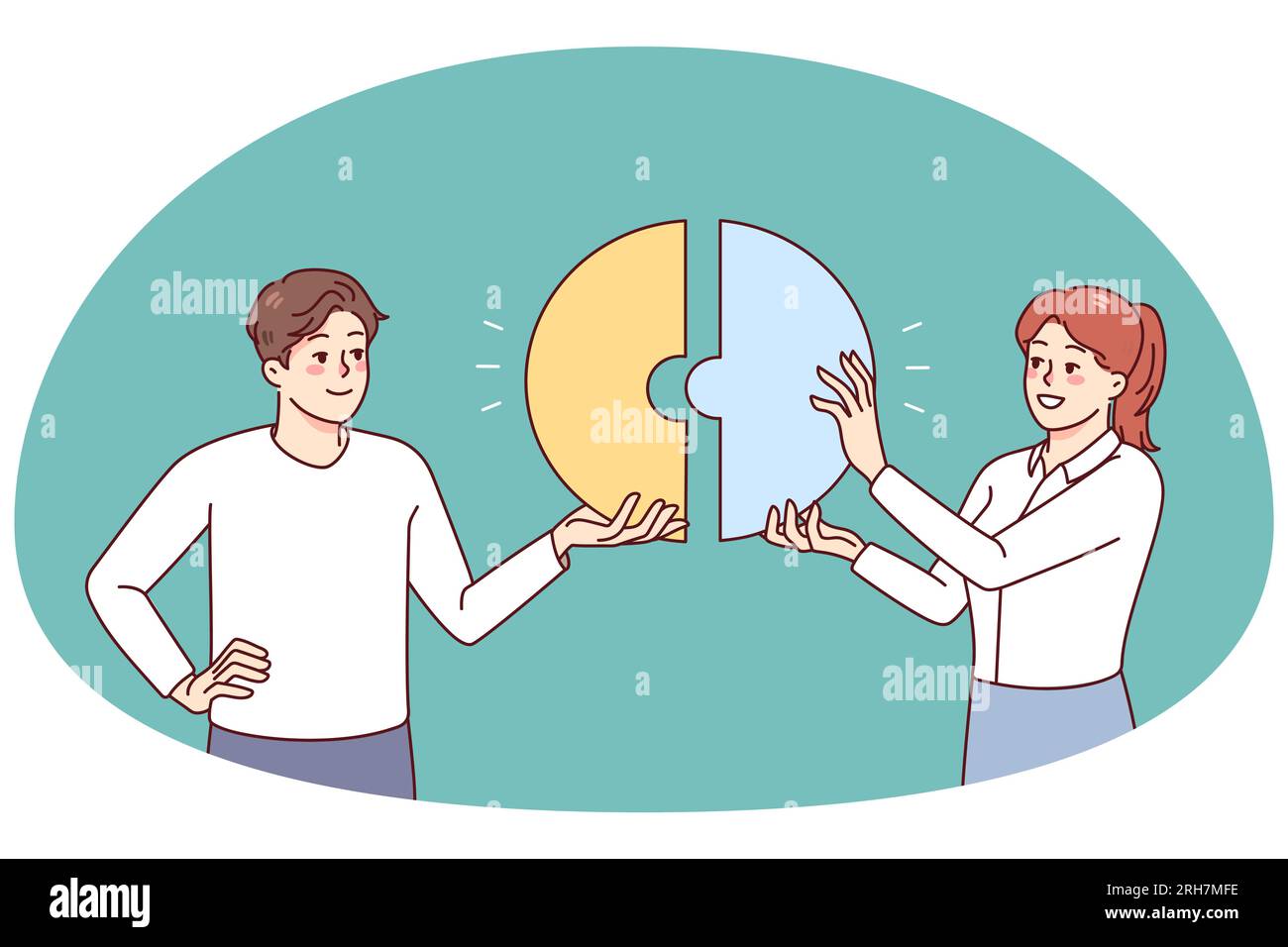 Happy businesspeople connect pieces of jigsaw find solution together ...