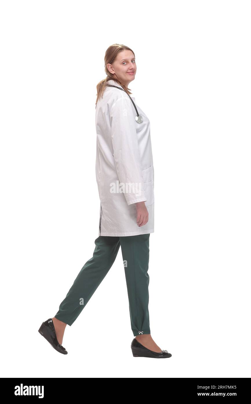 Full length portrait of medical doctor woman going sideways Stock Photo ...