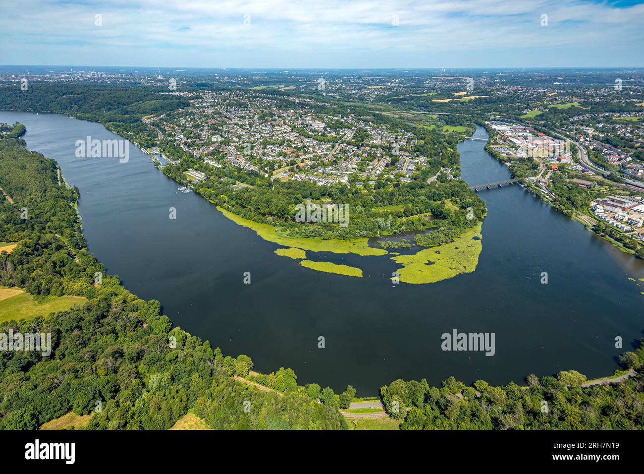 Aerial view, Ruhr loop Heisinger Bogen, bird sanctuary, village view ...