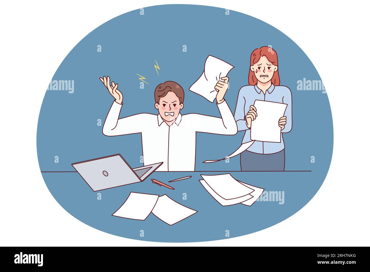 Furious boss yelling lecturing scared female secretary in office. Man ...