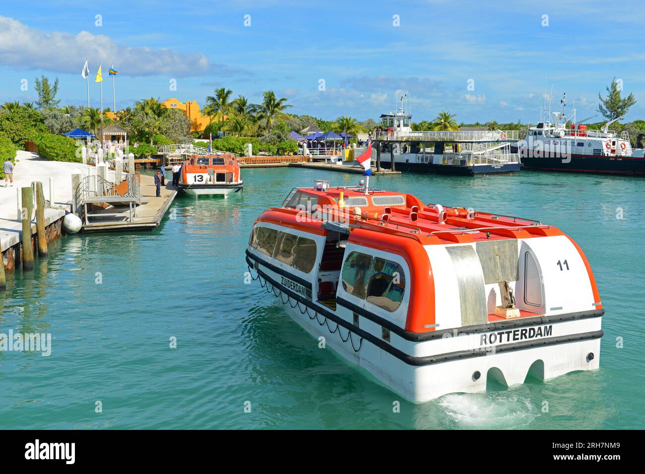 Tender boat at Pirates Cove at Half Moon Cay, Little San Salvador ...