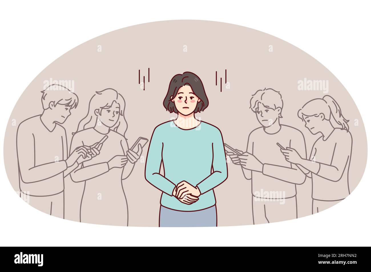 Young woman in people crowd using cellphone feeling lonely and isolated ...