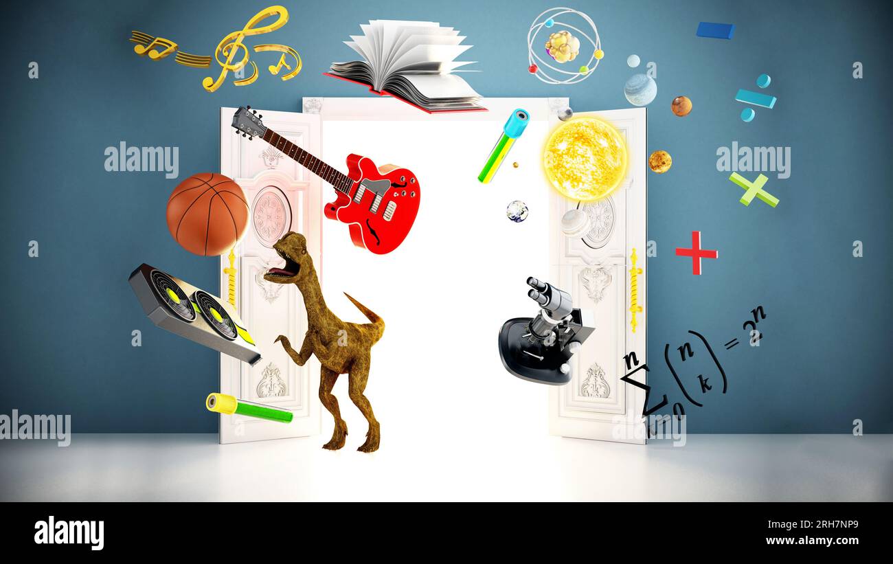 Objects representing school subjects flying out of the open door. 3D ...