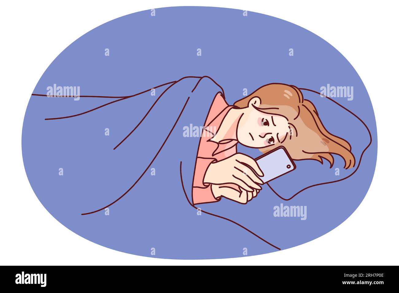 Sad young woman lying in bed using smartphone late at night. Tired ...