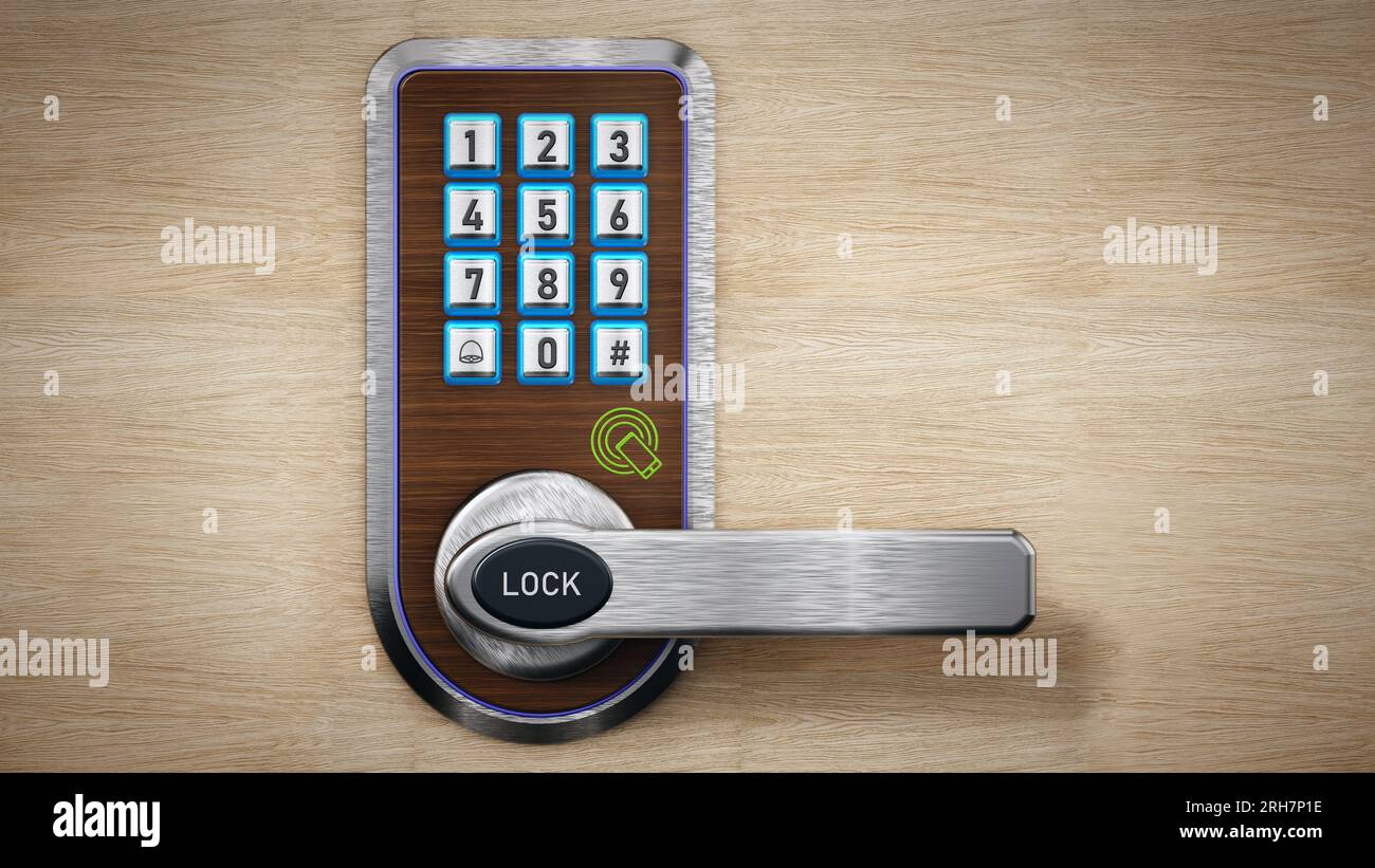 Digital security keypad and knob on door. 3D illustration Stock Photo ...
