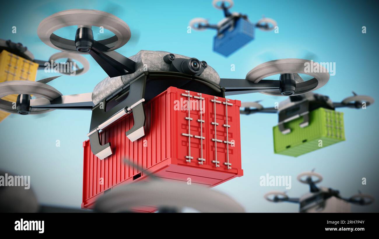 Unmanned drones carrying cargo containers. 3D illustration Stock Photo ...