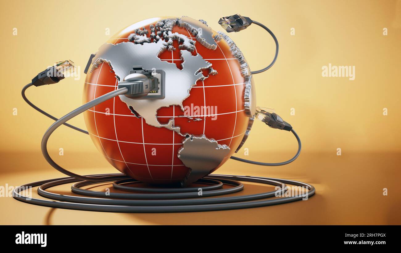 Rj45 plug connected to blue globe with world map. 3D illustration Stock ...