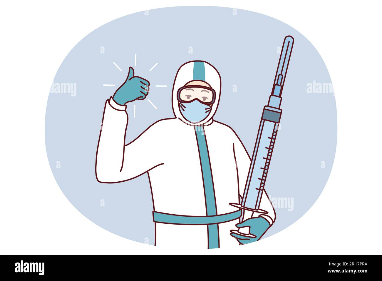 Confident doctor in protective uniform holding injection showing thumb ...