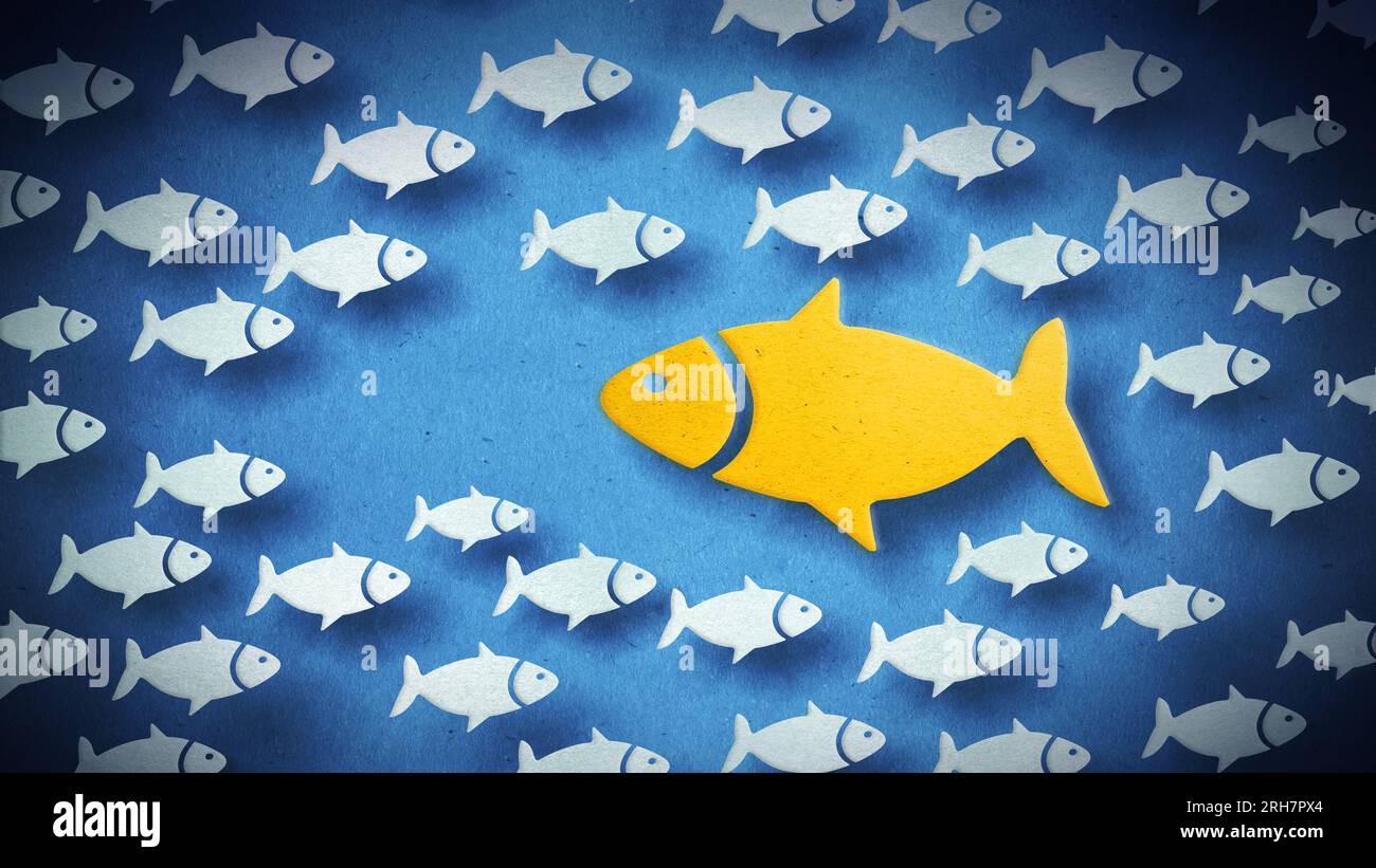 Yellow big fish swimming through the opposite direction. 3D ...