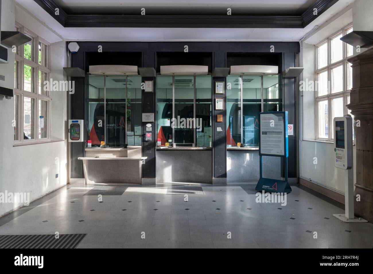 Lancaster railway station ticket office with all the windows closed ...