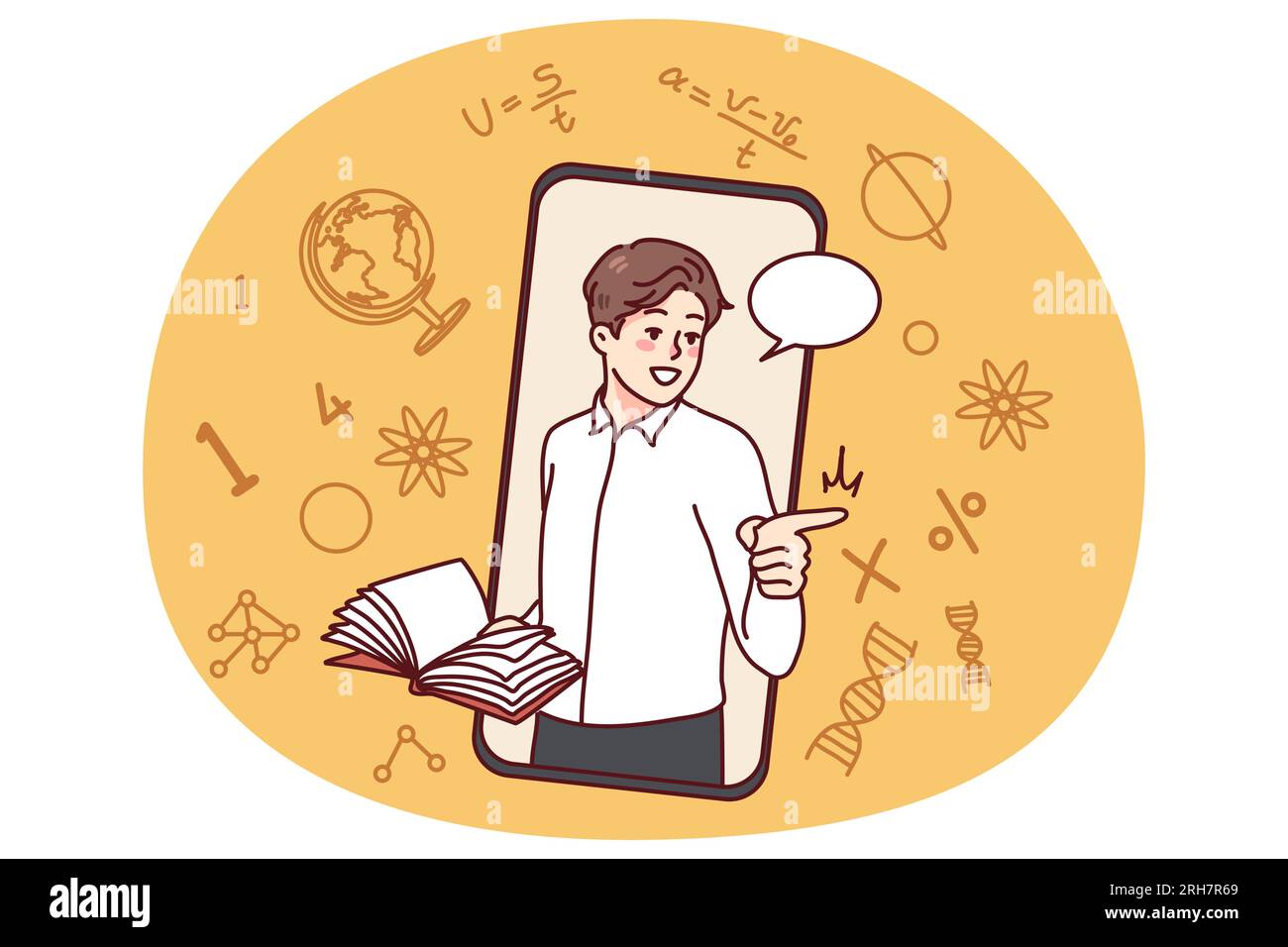 Male teacher holding book having online lesson on cellphone. Smiling ...