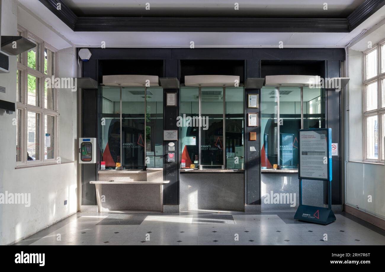 Lancaster railway station ticket office with all the windows closed ...