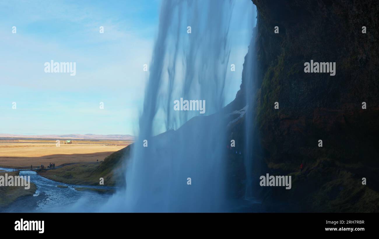 Arctic seljalandsfoss waterfall circa March 2023, water flowing down of ...