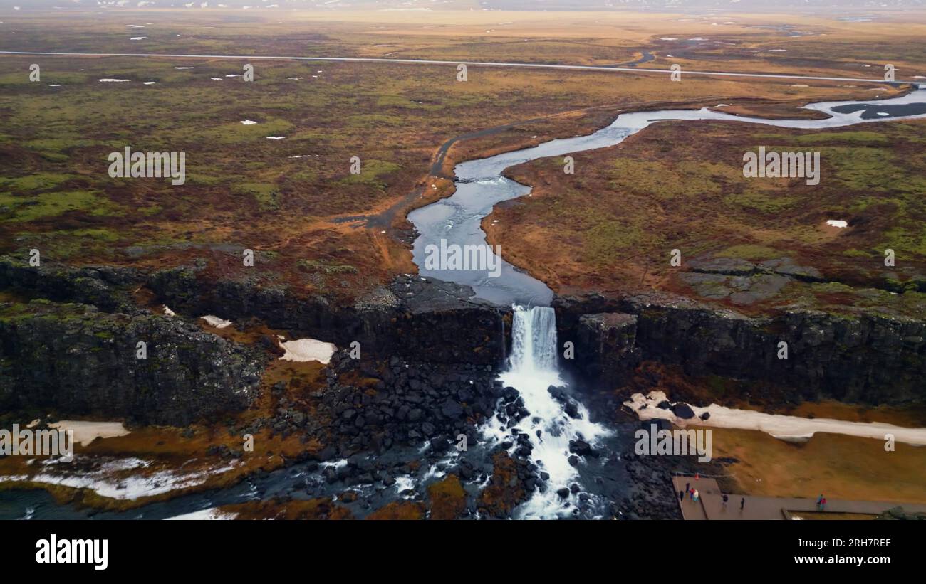 Drone shot of oxarafoss cascade in iceland, spectacular nordic ...