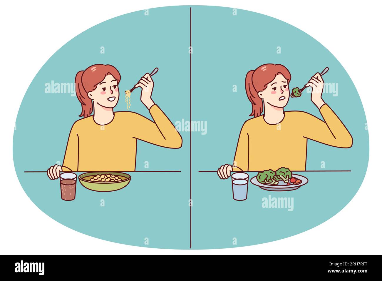 Girl eating healthy and unhealthy food. Child emotions with nutritional ...