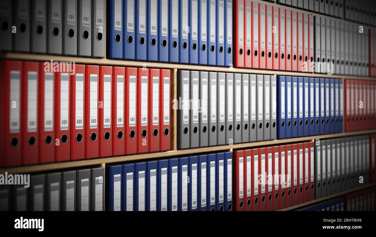 Multi colored folders arranged inside wooden shelves. 3D illustration ...