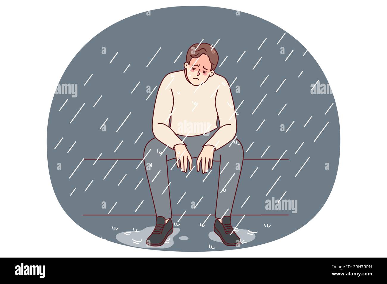 Unhappy man sitting on bench under rain feeling depressed and lonely ...