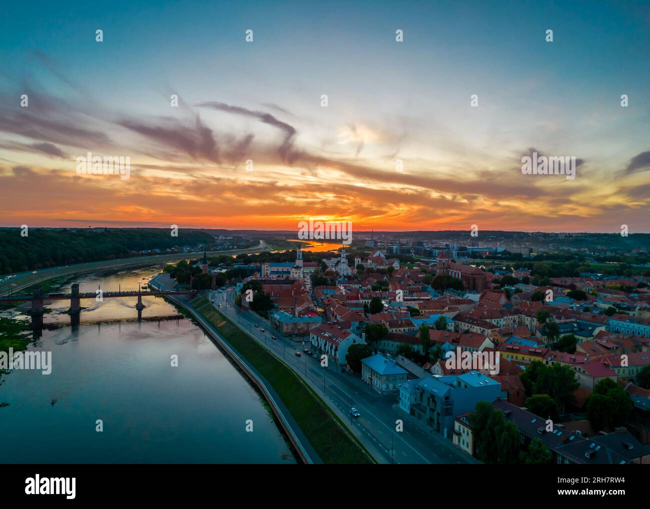 Kaunas old town, Lithuania. Aerial view of a colorful summer sunset ...