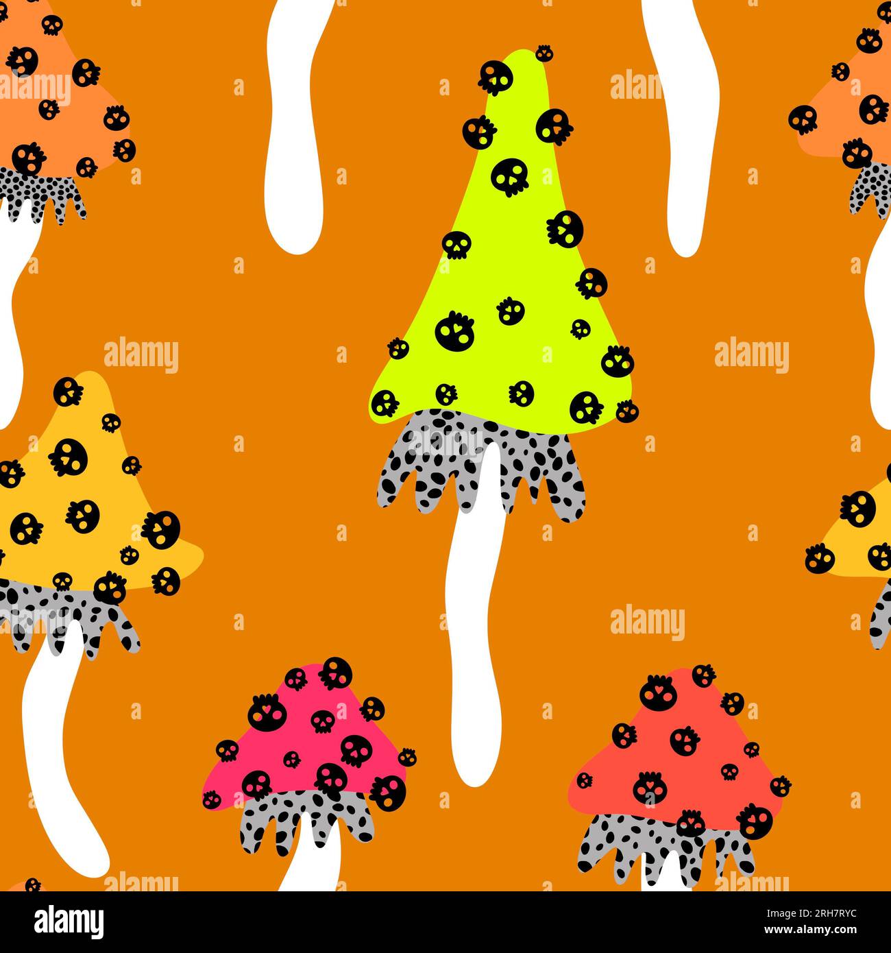 Cartoon autumn harvest seamless Halloween mushrooms with skulls pattern ...