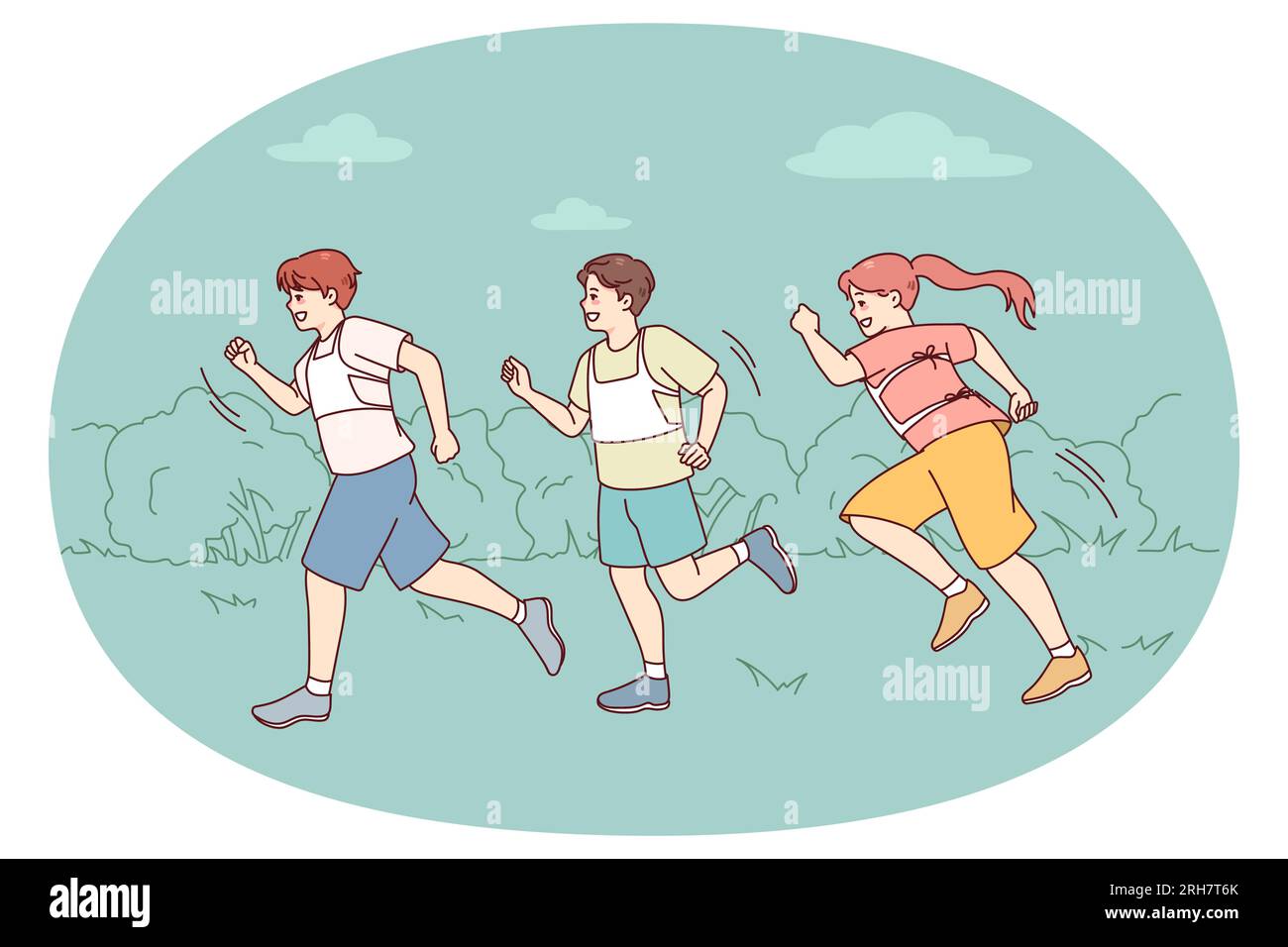 Happy children running outdoors on marathon. Smiling kids jog ...