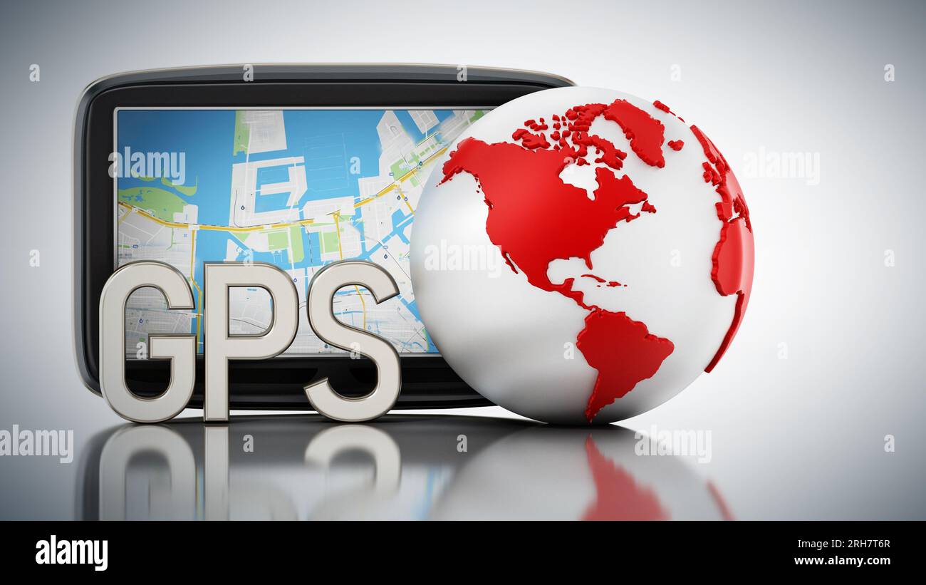 GPS text, globe and device with map screen. 3D illustration Stock Photo ...