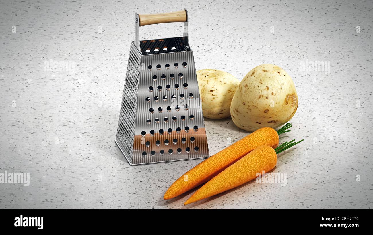 Generic kitchen grater and vegetables isolated on white background. 3D ...