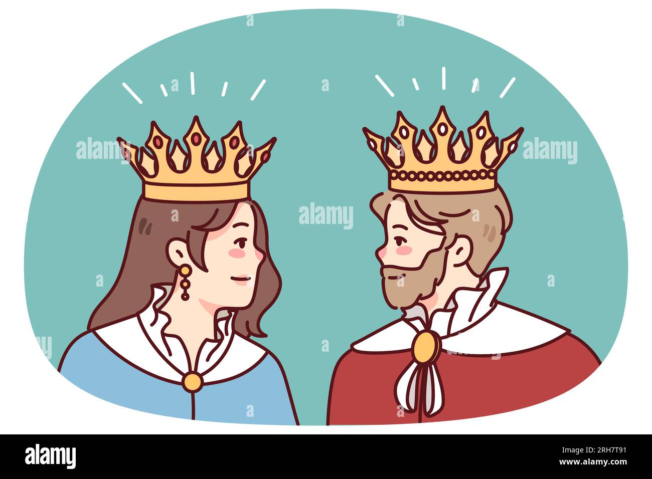 King and queen in mantles and crowns look at each other. Members of ...
