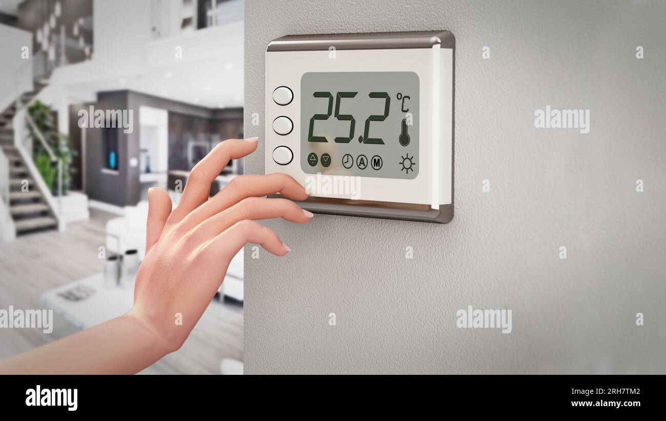 Hand adjusting room temperature using a digital thermostat screen. 3D ...