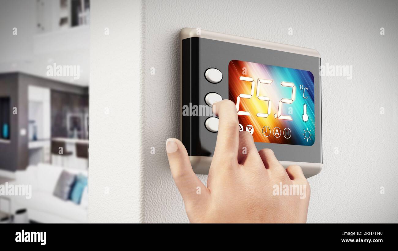 Hand adjusting room temperature using a digital thermostat screen. 3D ...