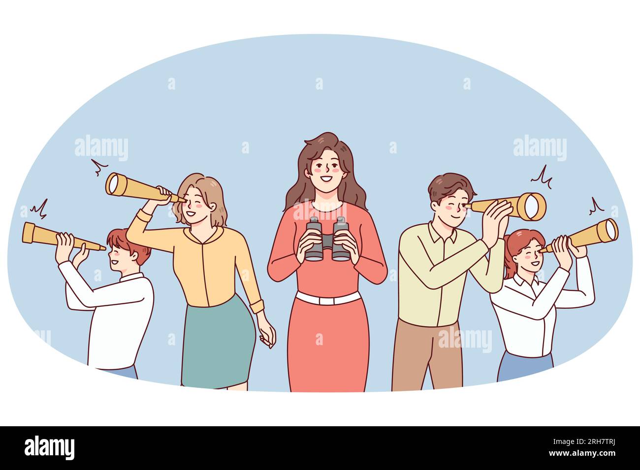 Diverse businesspeople look in spyglass explore new business ...