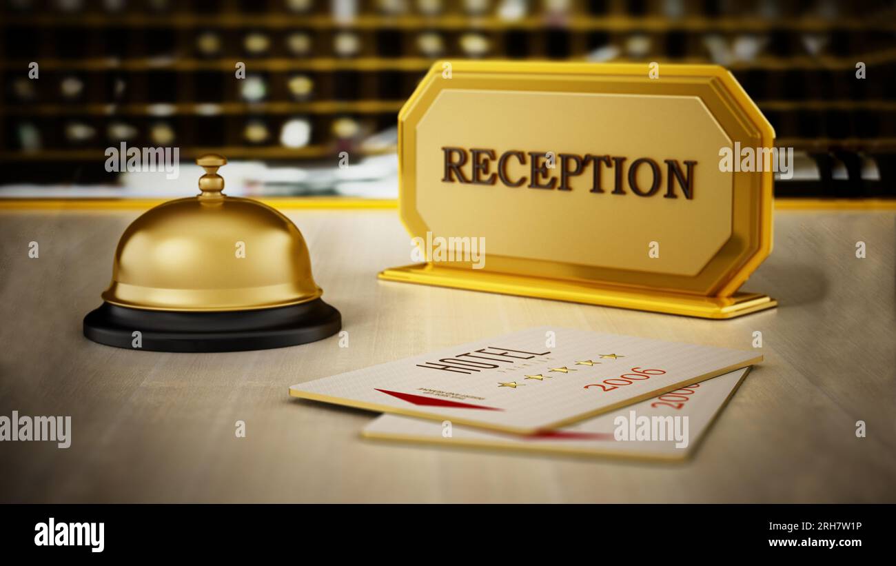 Hotel key card, bell and reception sign on hotel front desk. 3D ...