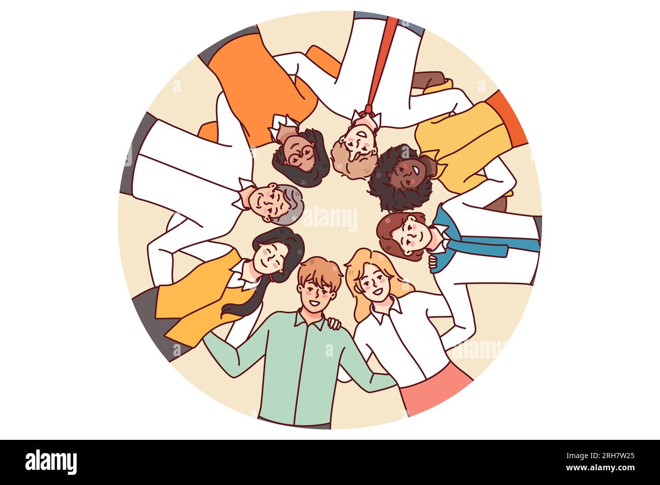 Bottom view of diverse multiracial people stand in circle hugging ... Bottom view of diverse multiracial people stand in circle hugging ...
