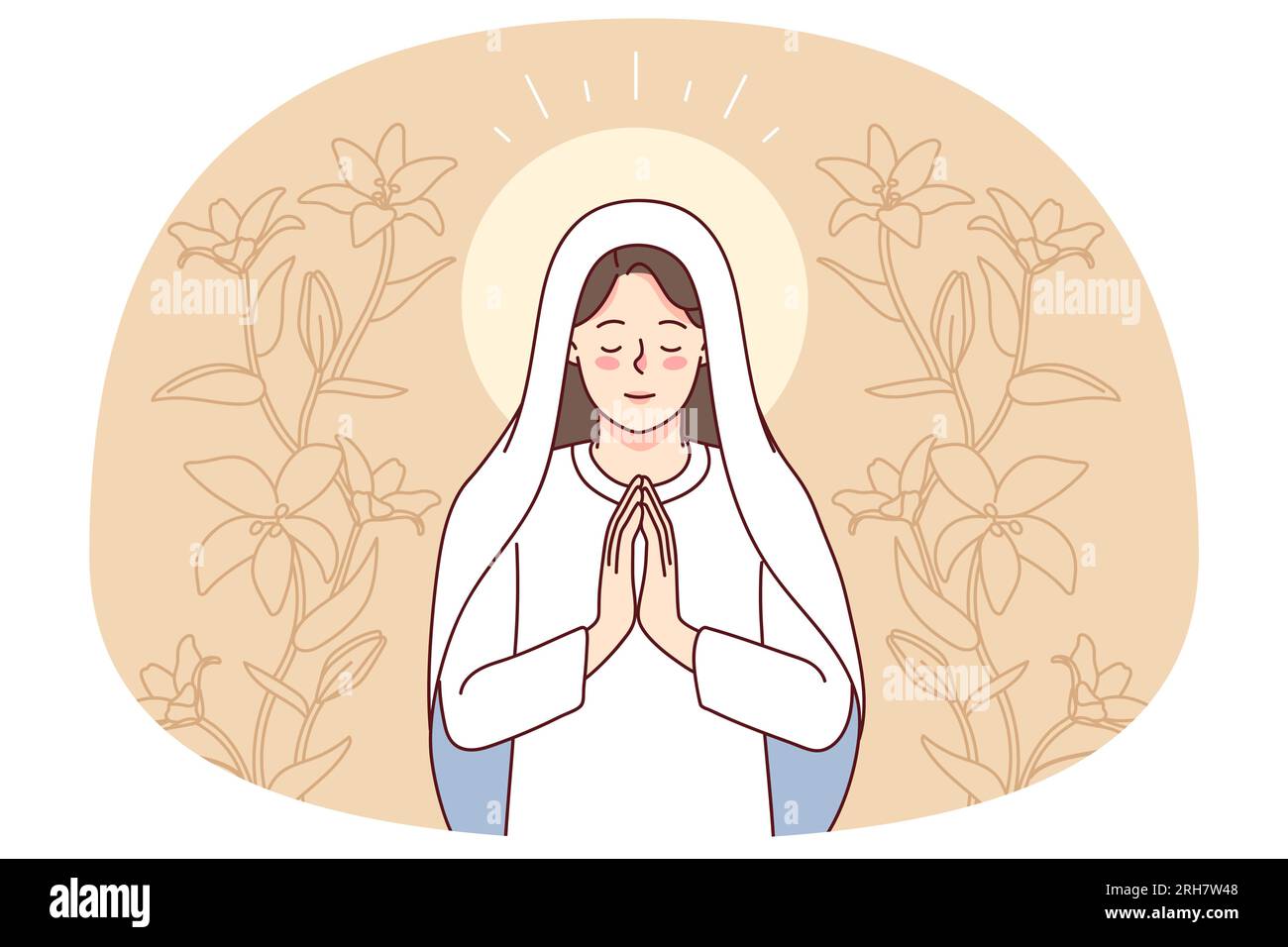 Virgin Mary surrounded by lilies praying. Mother of Jesus Christ in ...