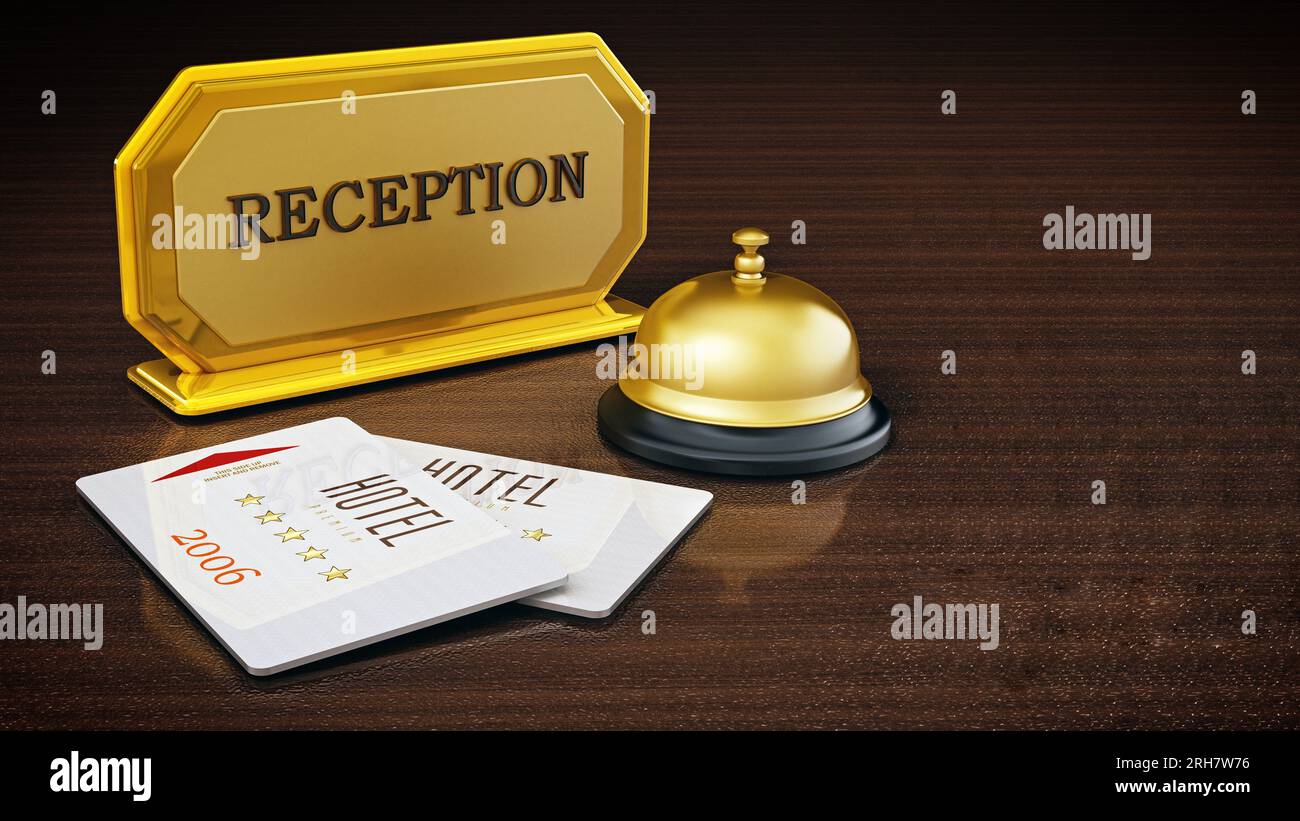 Hotel key card, bell and reception sign on hotel front desk. 3D ...