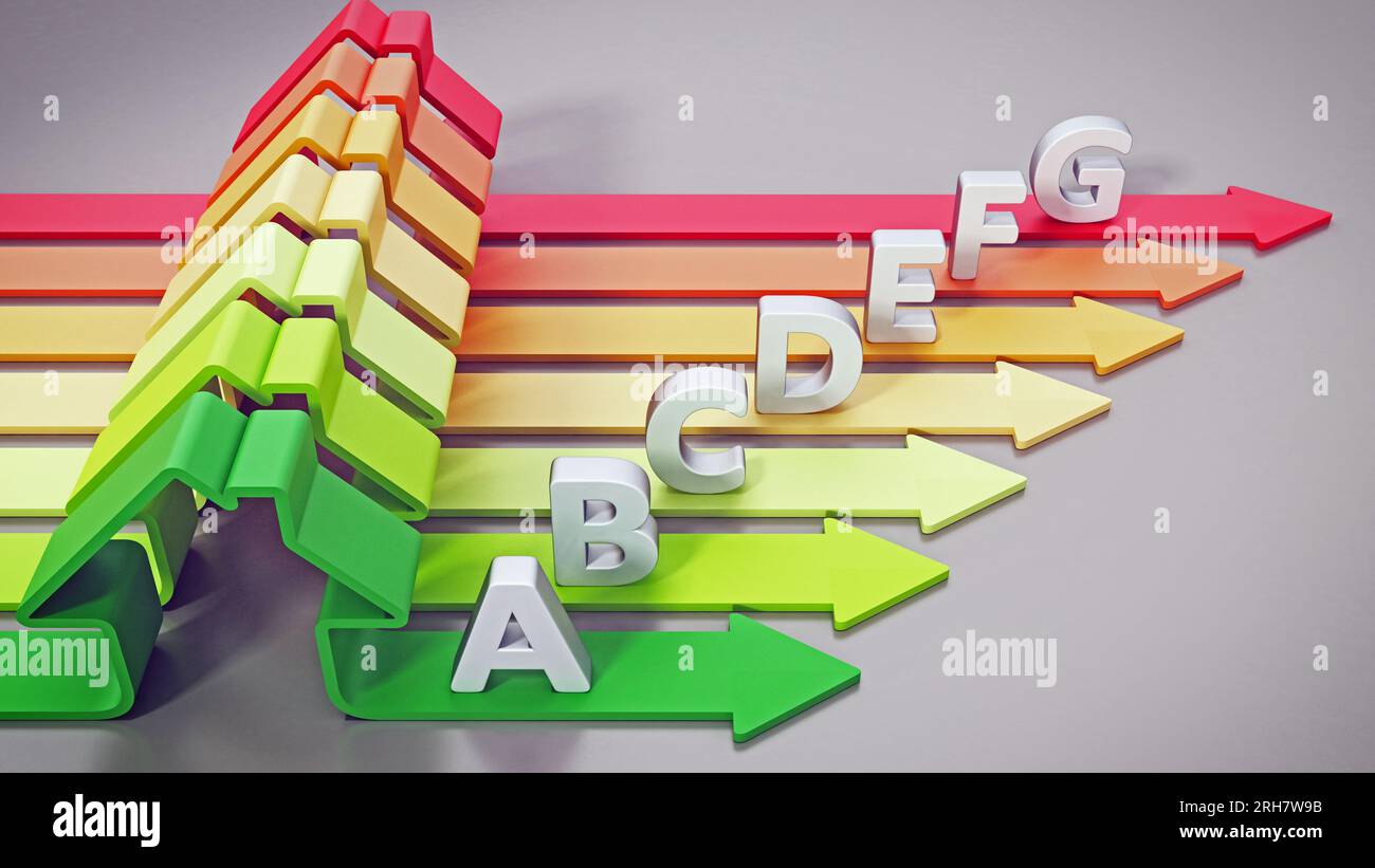 Energy levels with house shaped bars. 3D illustration Stock Photo - Alamy