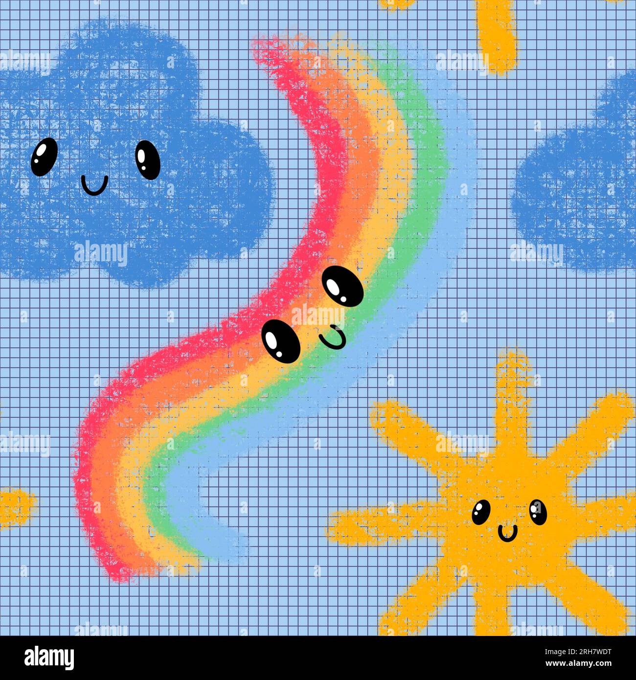 Cartoon sun and rainbow and clouds seamless doodle pattern for wrapping ...