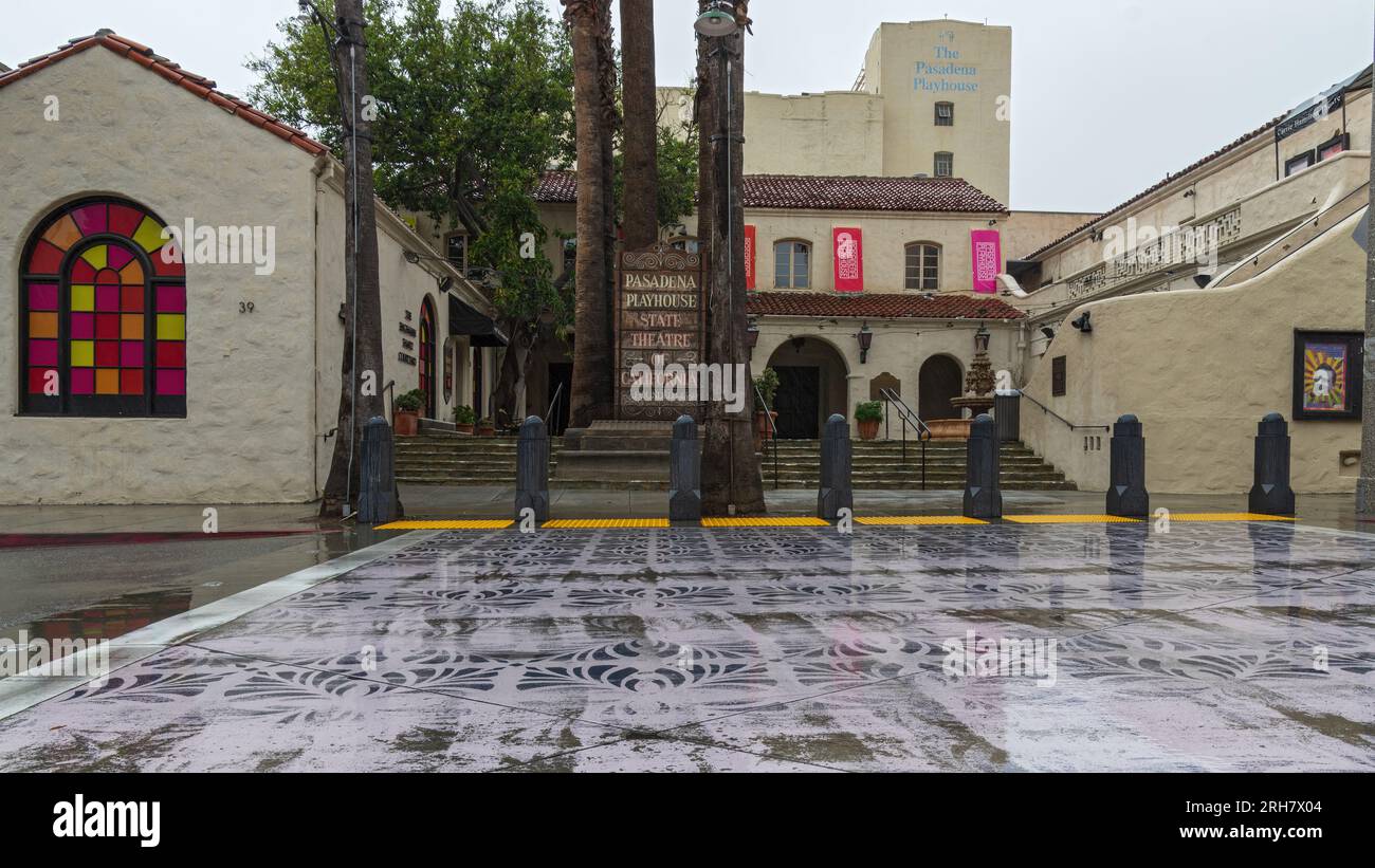The Pasadena Playhouse Theater exterior shown on a rainy day Stock ...