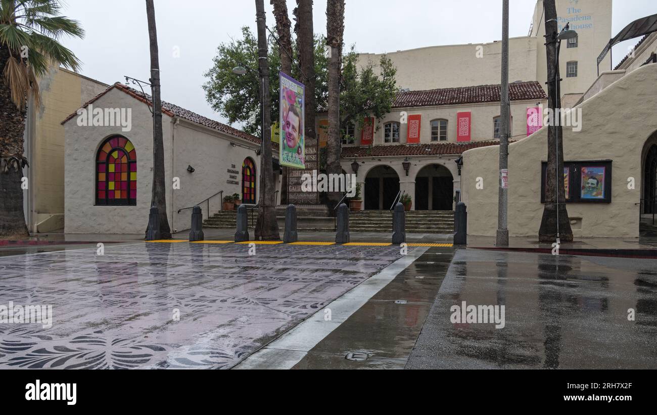 The Pasadena Playhouse Theater exterior shown on a rainy day Stock ...