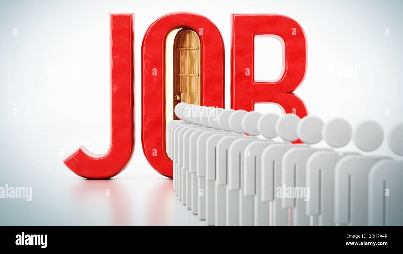 Stick figures waiting in the line leading to the job word with half ...
