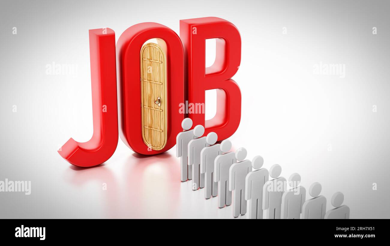 Stick figures waiting in the line leading to the job word with half ...