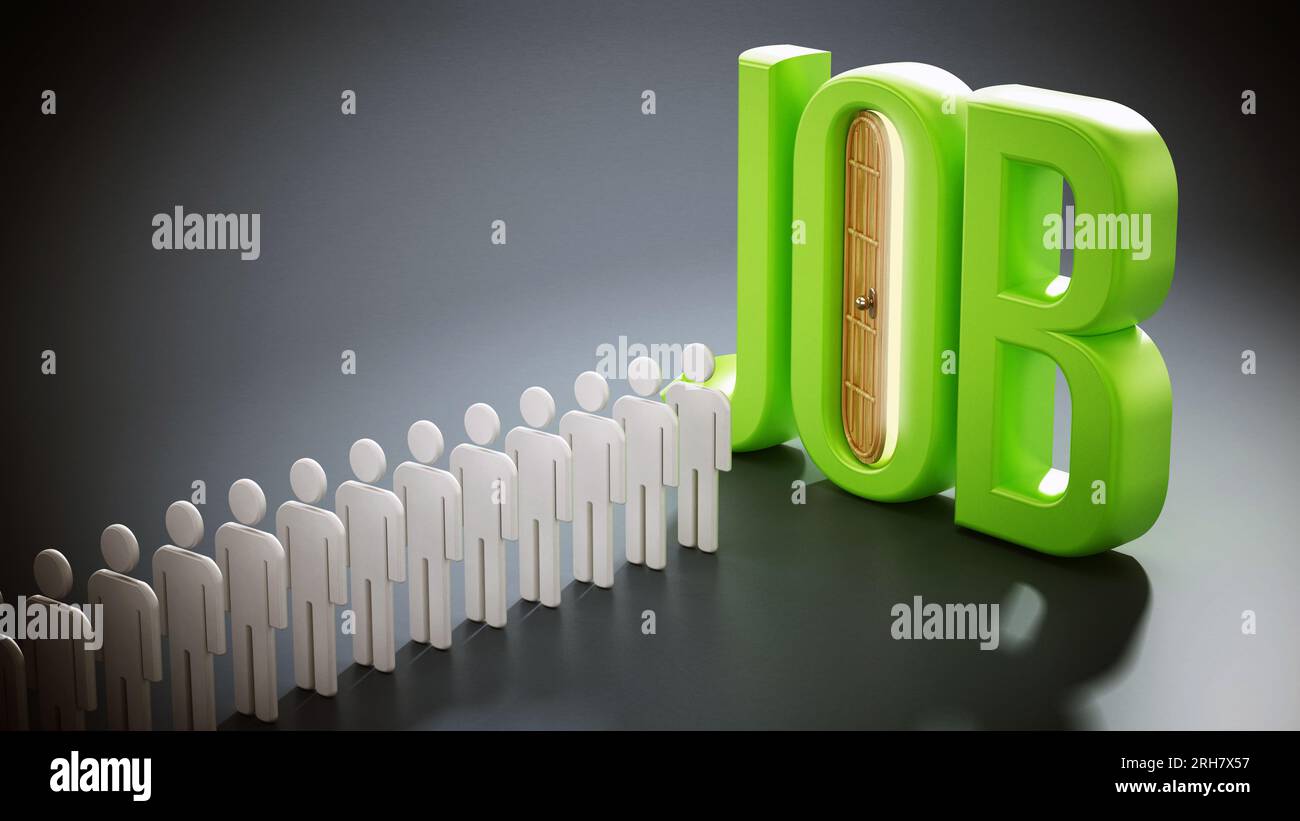 Stick figures waiting in the line leading to the job word with half ...