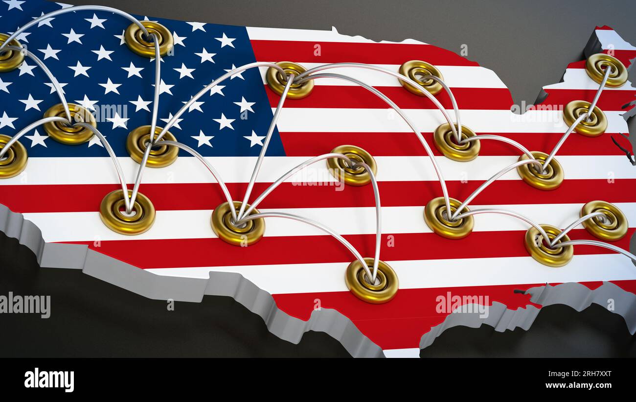 Network of travel points on usa map. 3D illustration Stock Photo - Alamy
