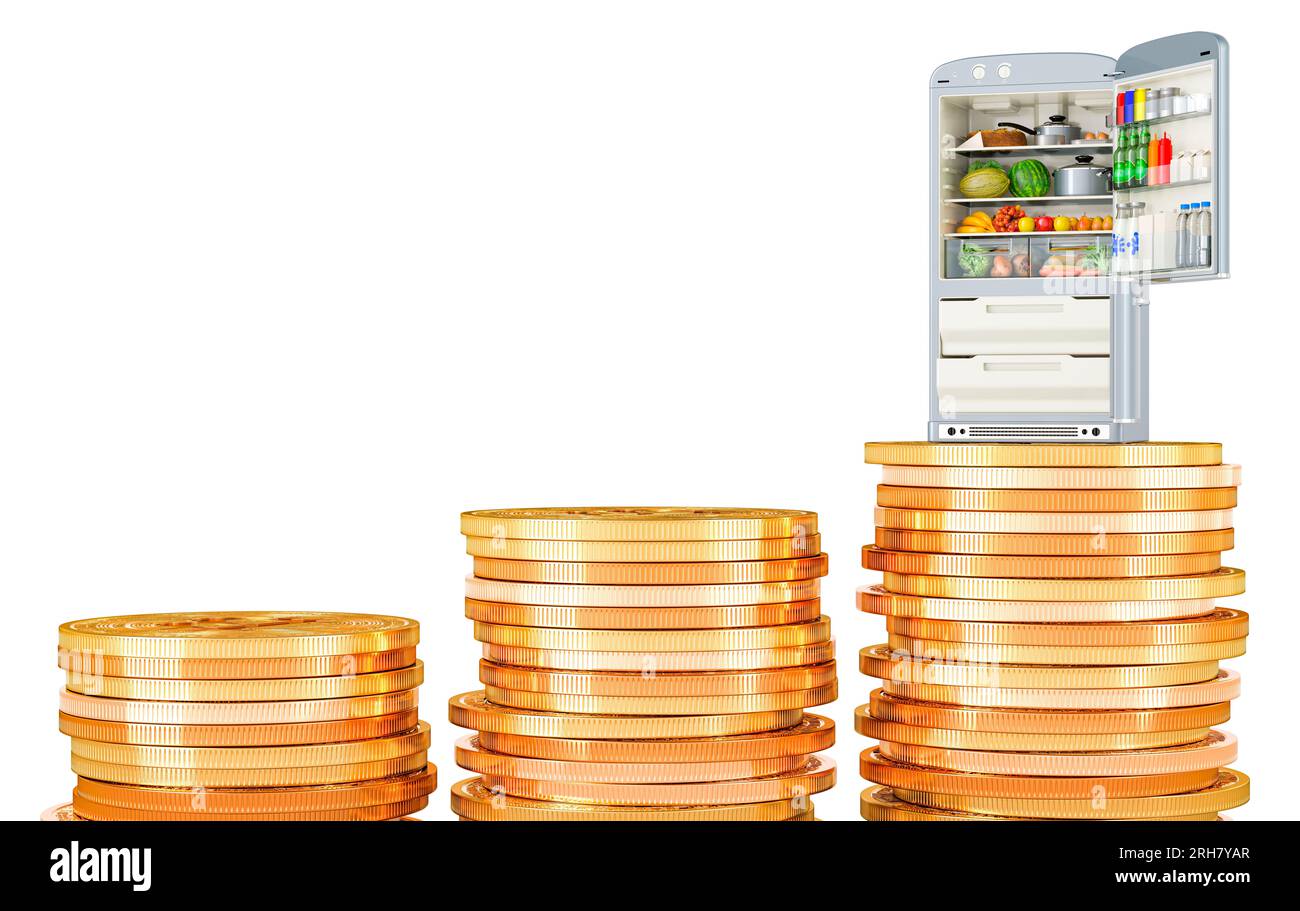 Fridge full of food with stacks of growing gold coins. Grocery price ...