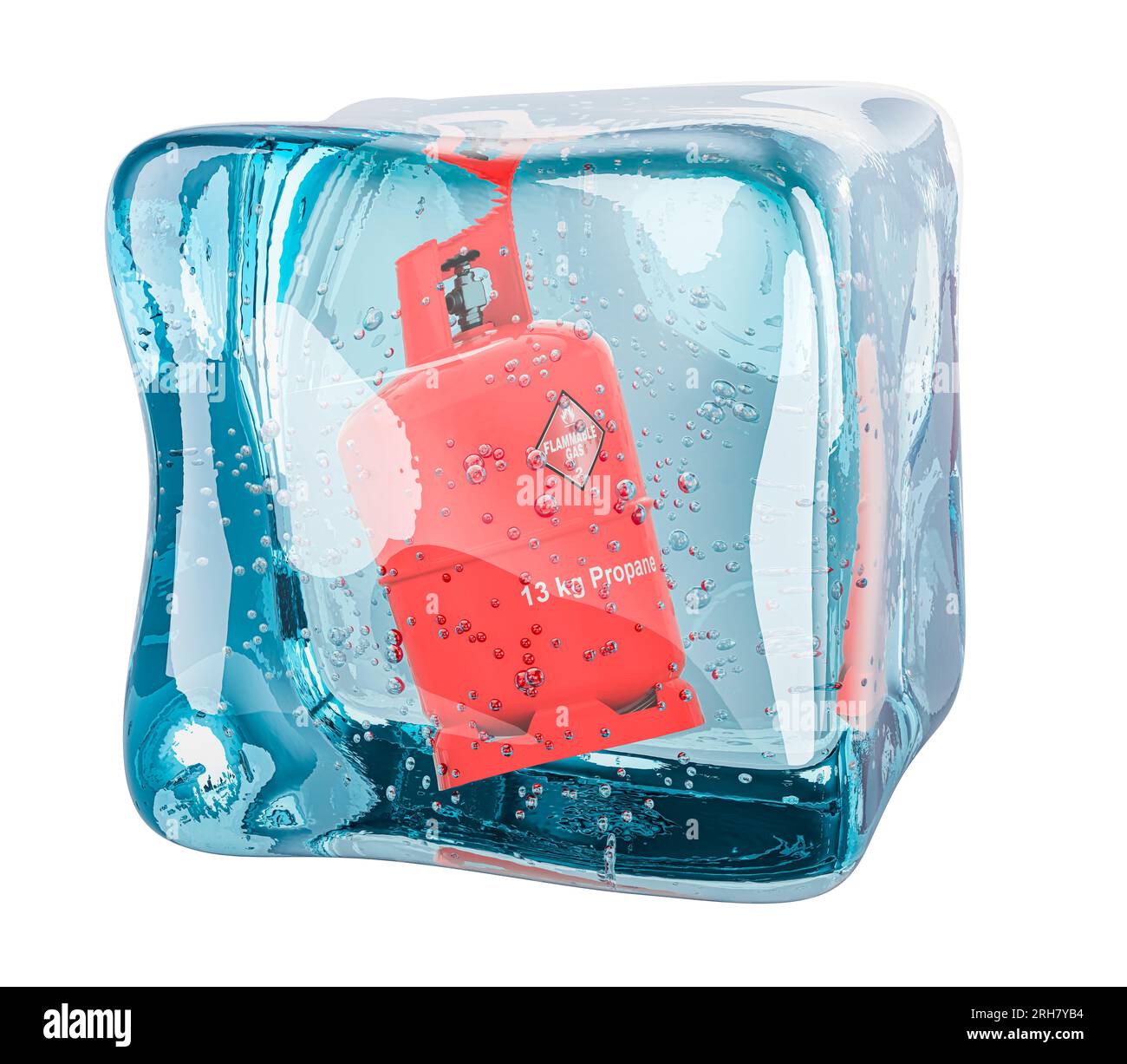 Propane gas cylinder in ice cube, 3D rendering isolated on white ...