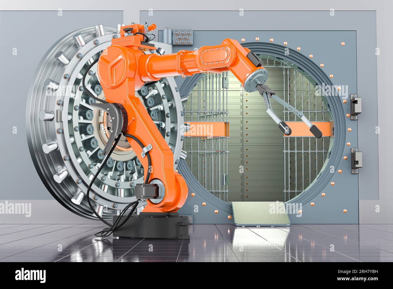 Robotic arm with opened bank vault, 3D rendering Stock Photo - Alamy
