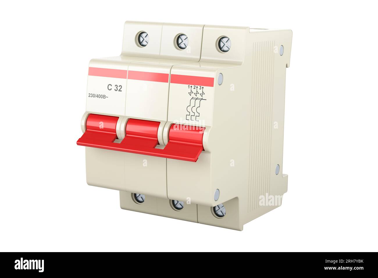 Three-pole miniature circuit breaker, closeup. 3D rendering isolated on ...