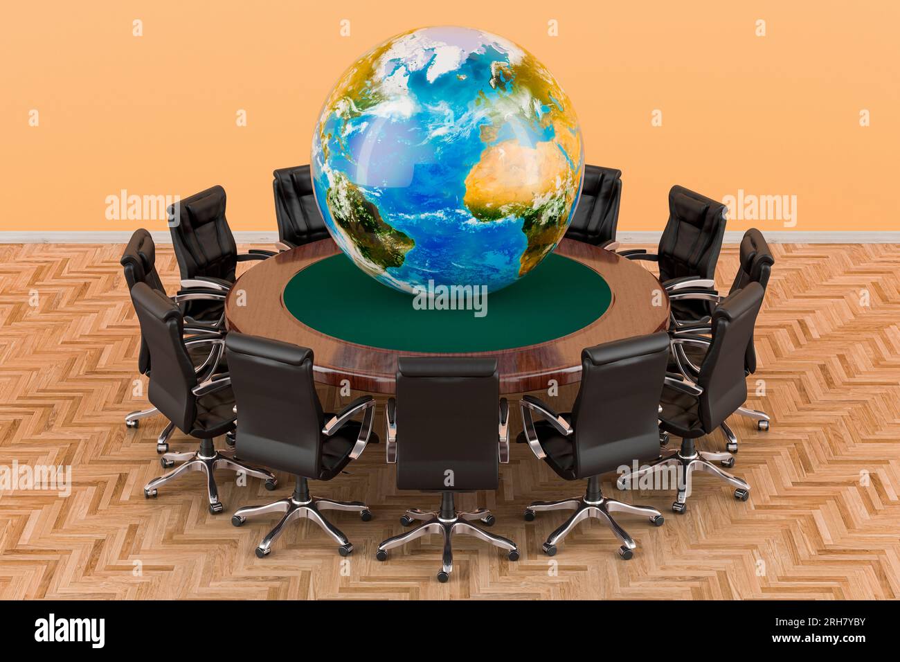 Round table with Earth Globe and armchairs around, 3D rendering Stock ...